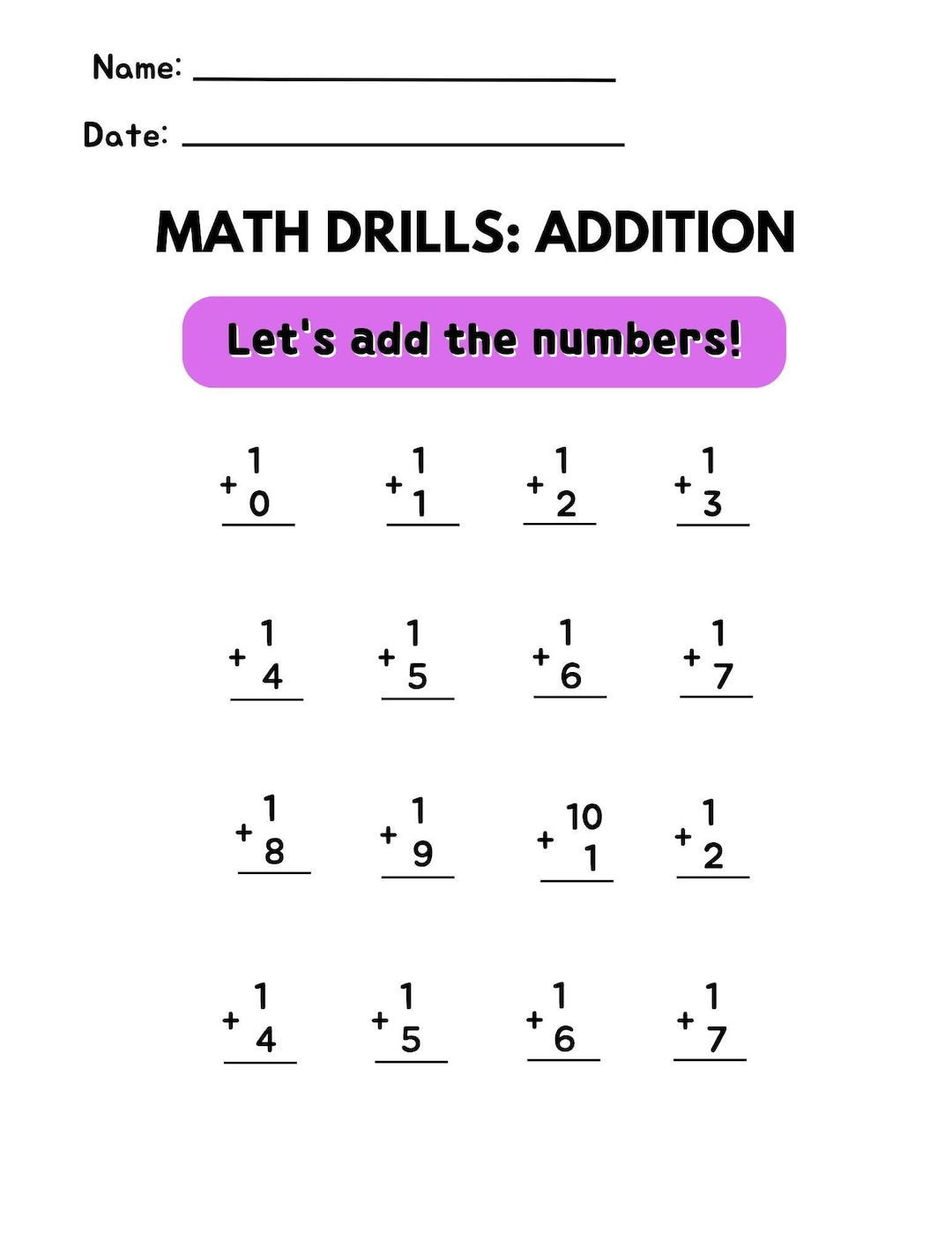 Addition Math Drills for Numbers 1-10 Instant Download - Etsy