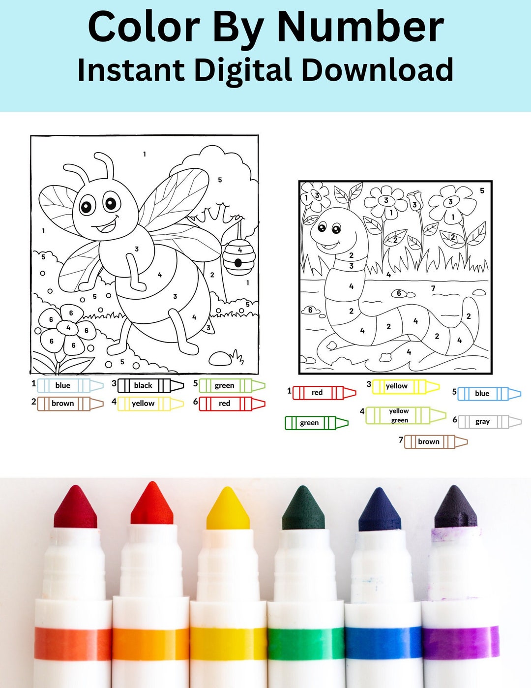Color by Number Children Coloring Pages Insects - Etsy