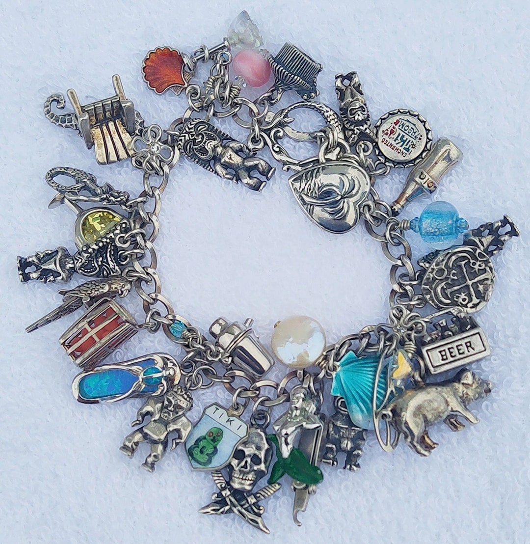 Vintage Antique Happy TIKI 31 Charm Bracelet Sterling Silver Movables ...