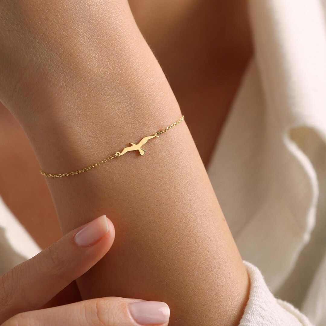 Dainty 14K Gold Seagull Bracelet • Soar Bird Charm Bracelet for Women ...