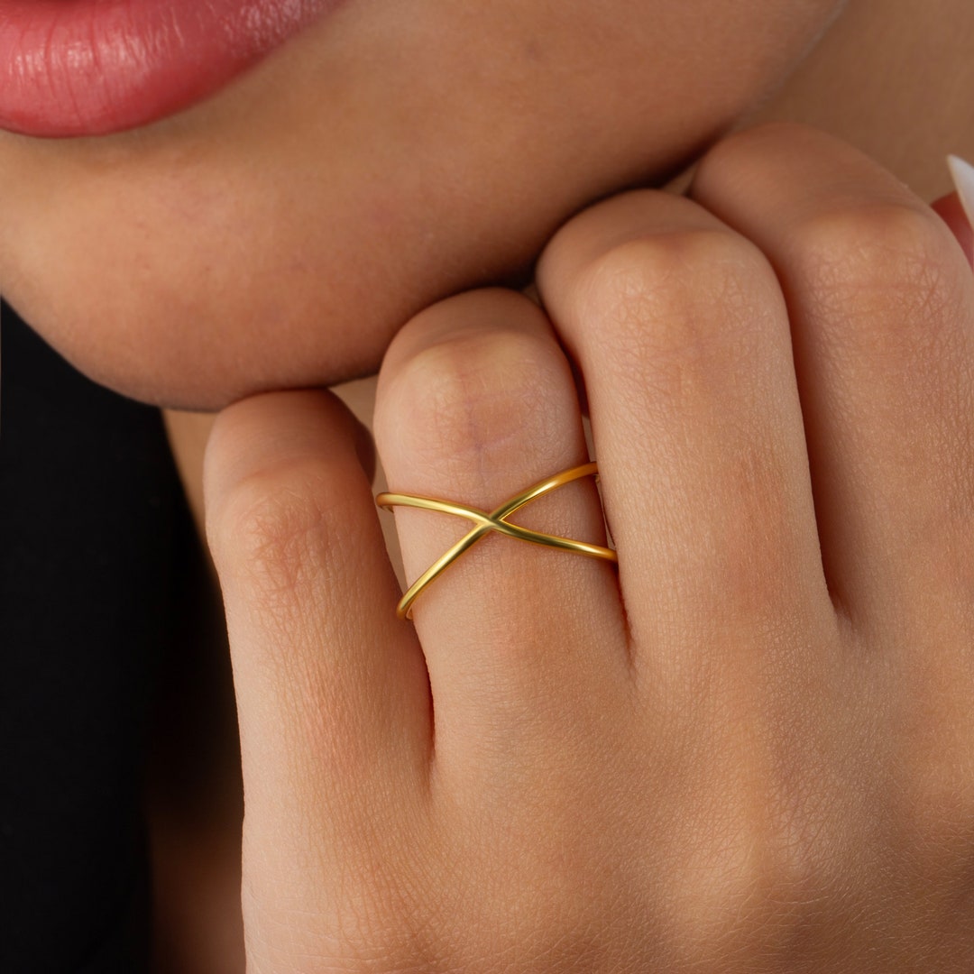 14K Solid Gold Crossover Ring • X Band Ring for Women • Dainty Criss ...