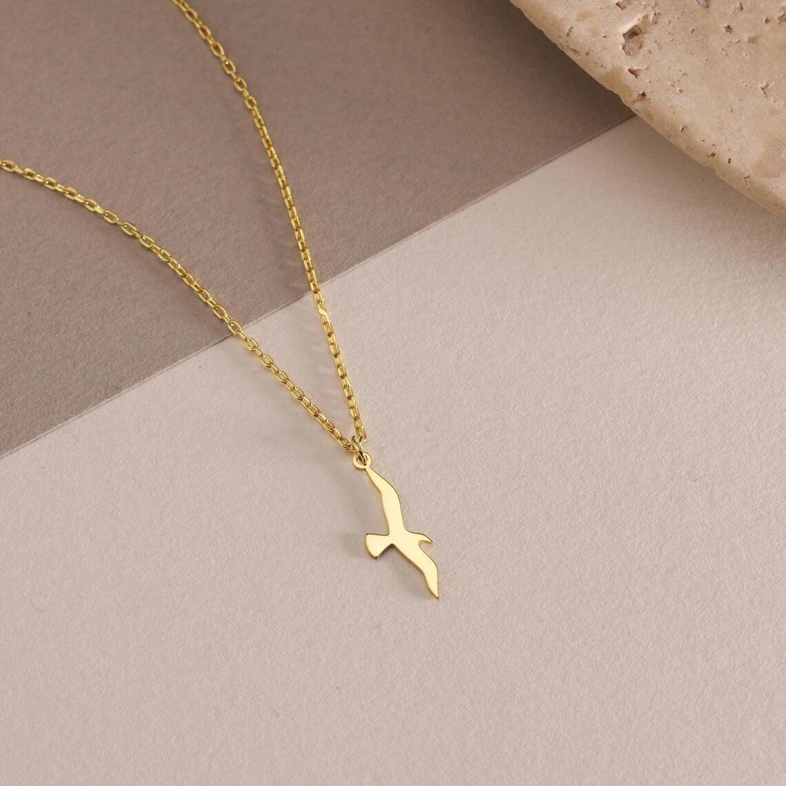 Dainty Seagull Necklace Gold • 14K Solid Gold Soar Bird Charm Necklace ...
