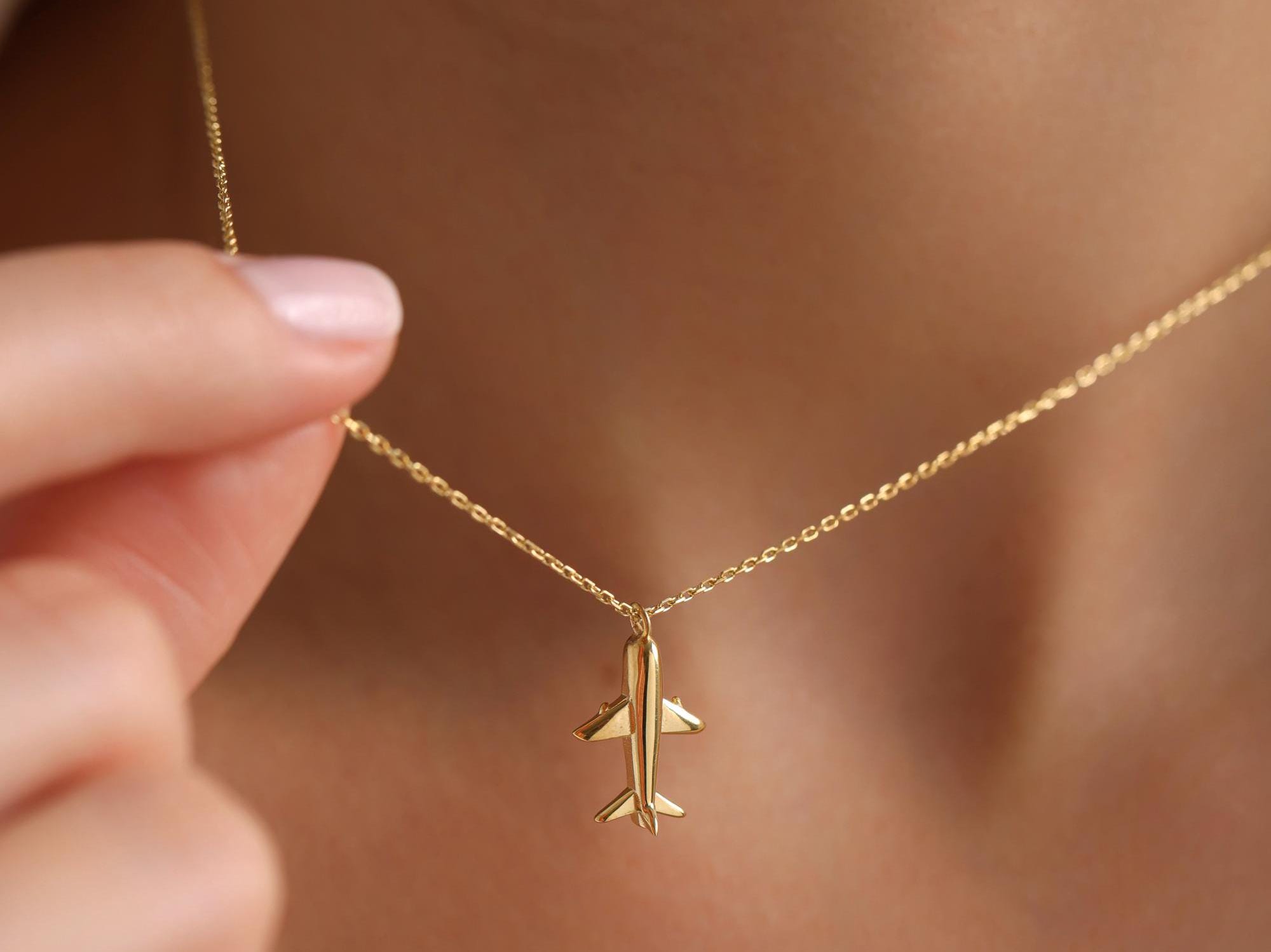 14K Solid Gold Airplane Necklace • Birthday Day Gift for Female Pilot ...