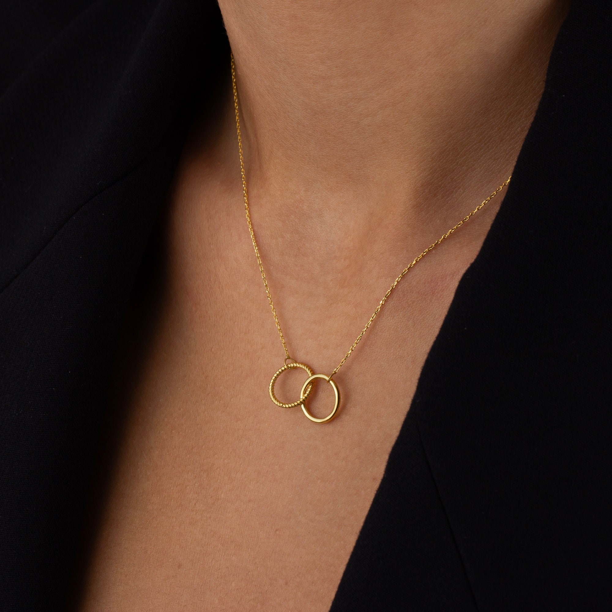 Solid Gold Two Tone Interlocking Eternity Circle Necklace