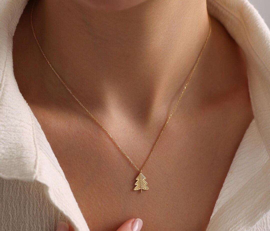 14K Gold Pine Tree Necklace • Solid Gold Pine Tree Necklace • Cute ...