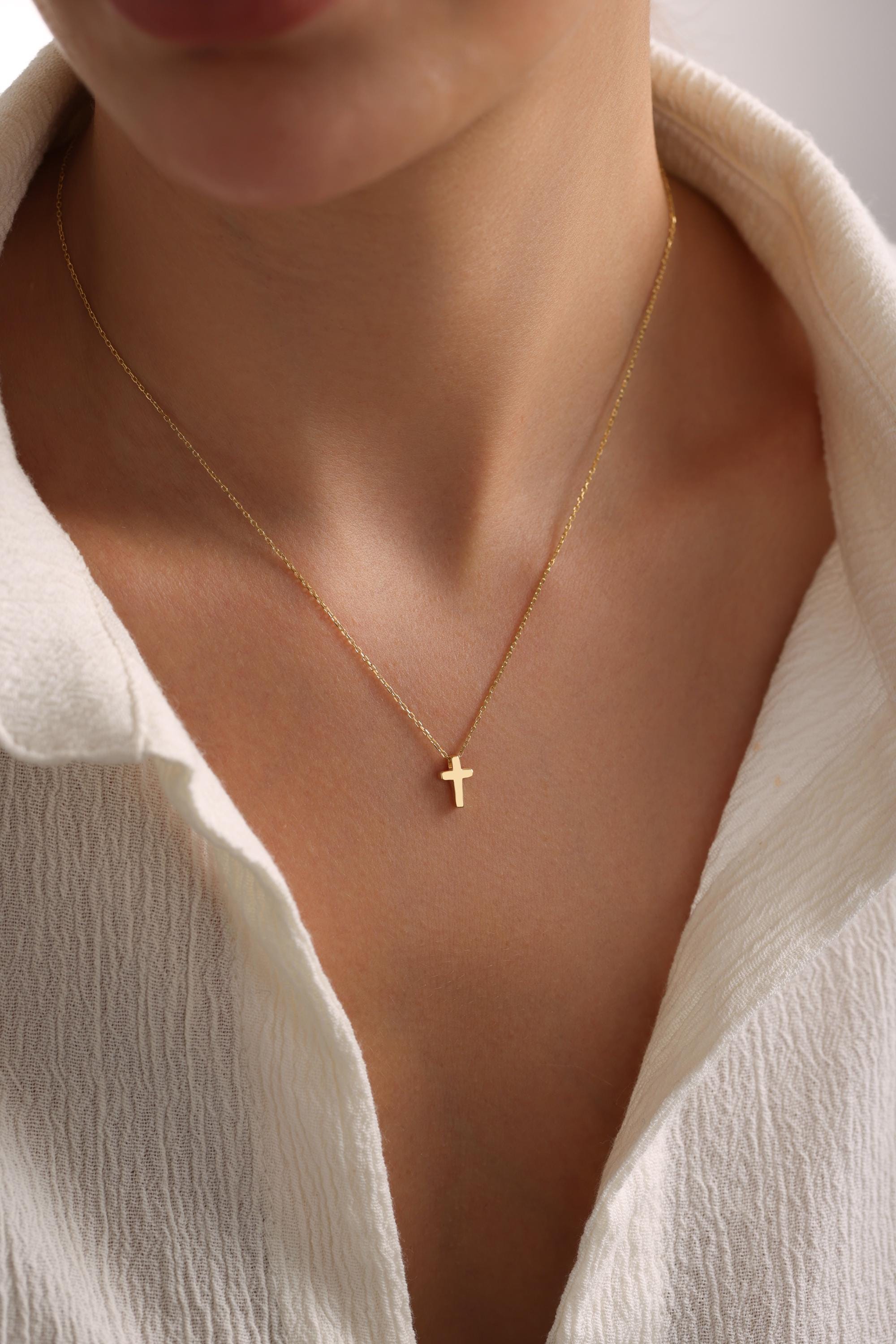 14K Gold Small Cross Necklace • Real Solid Gold Floating Cross Pendant ...