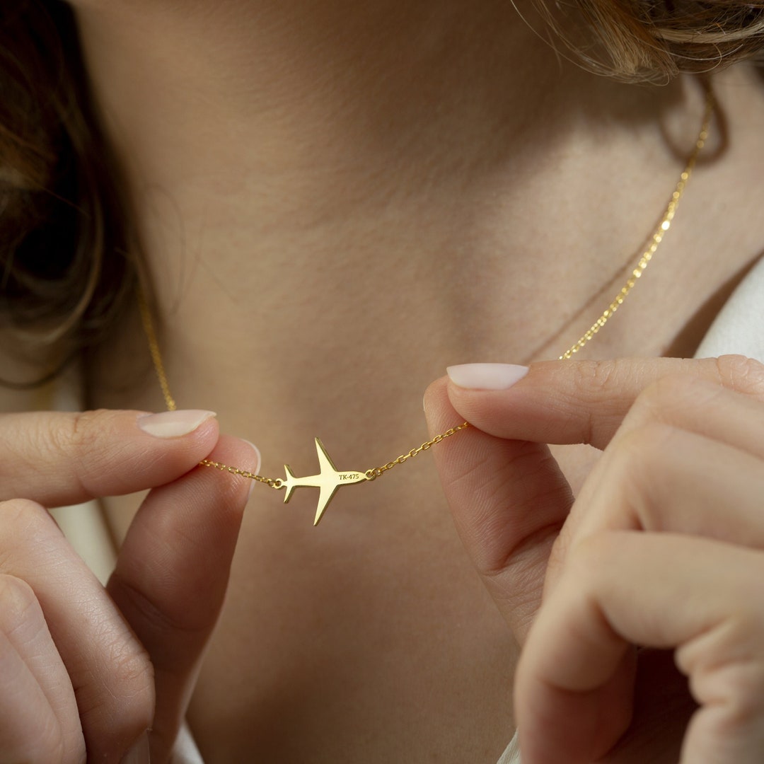 Personalized Airplane Necklace, 14K Solid Gold Air Plane Pendant ...