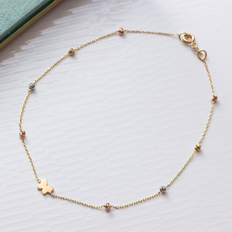 14K Gold Tiny Butterfly Anklet, Solid Gold Satellite Chain Ankle ...