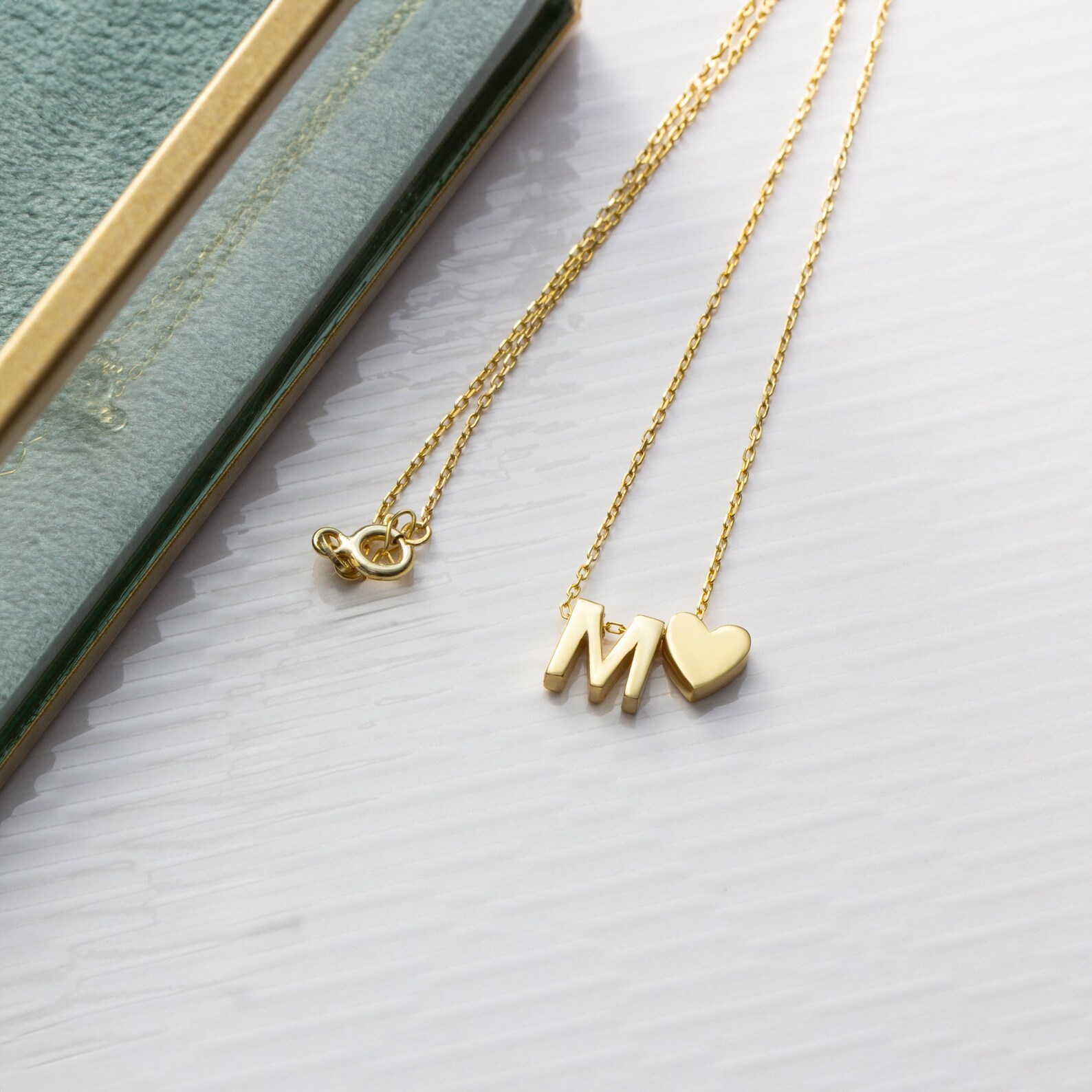 Solid Gold Initial Heart Necklace, Custom Heart Charm Necklace, 14K ...