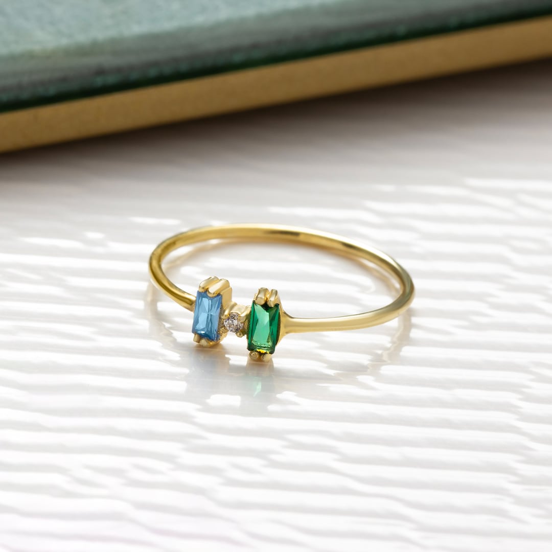14K Gold Dual Birthstone Ring, Solid Gold Birthstone Ring, Baguette Two ...