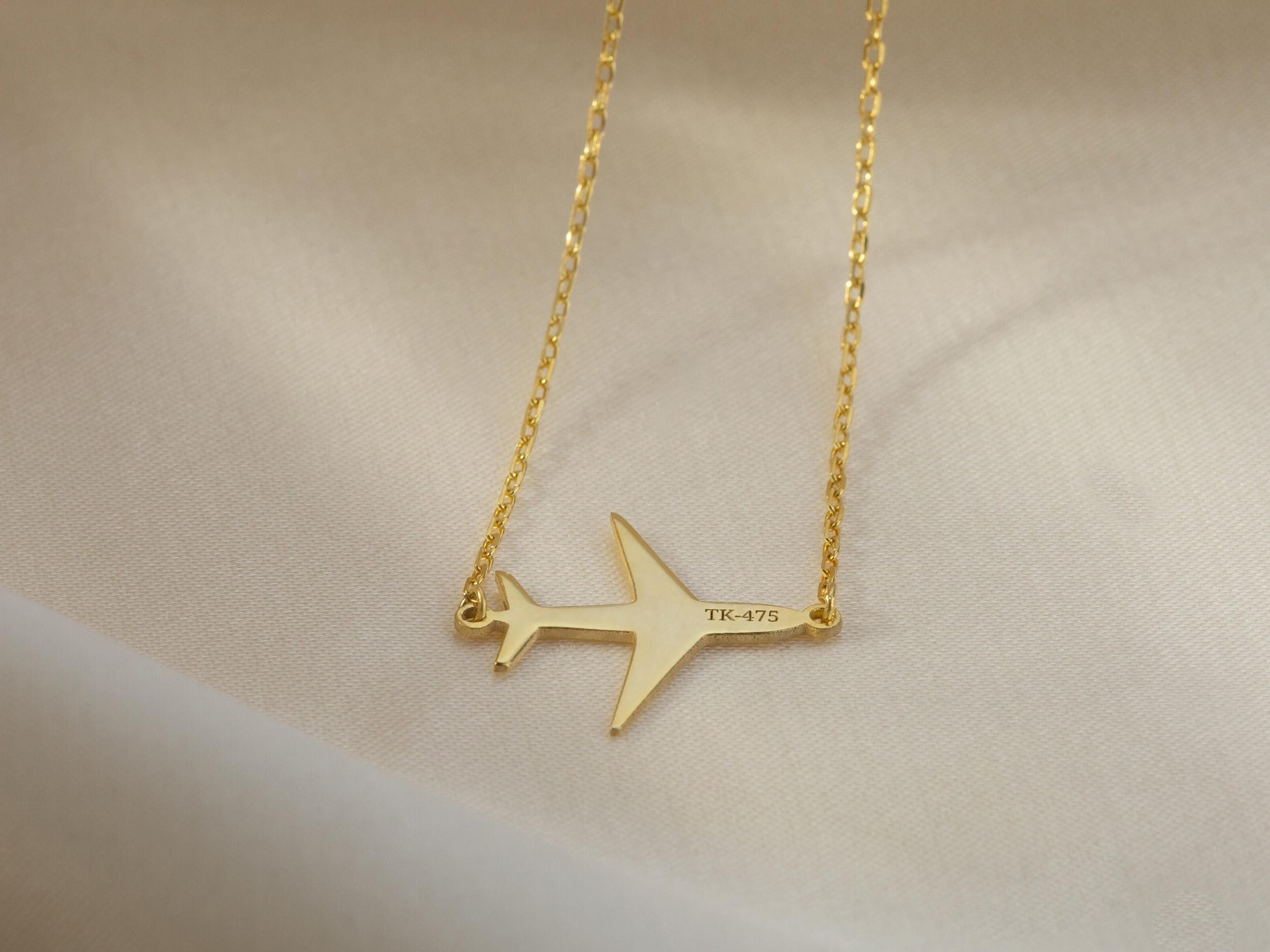 Personalized Airplane Necklace, 14K Solid Gold Air Plane Pendant ...