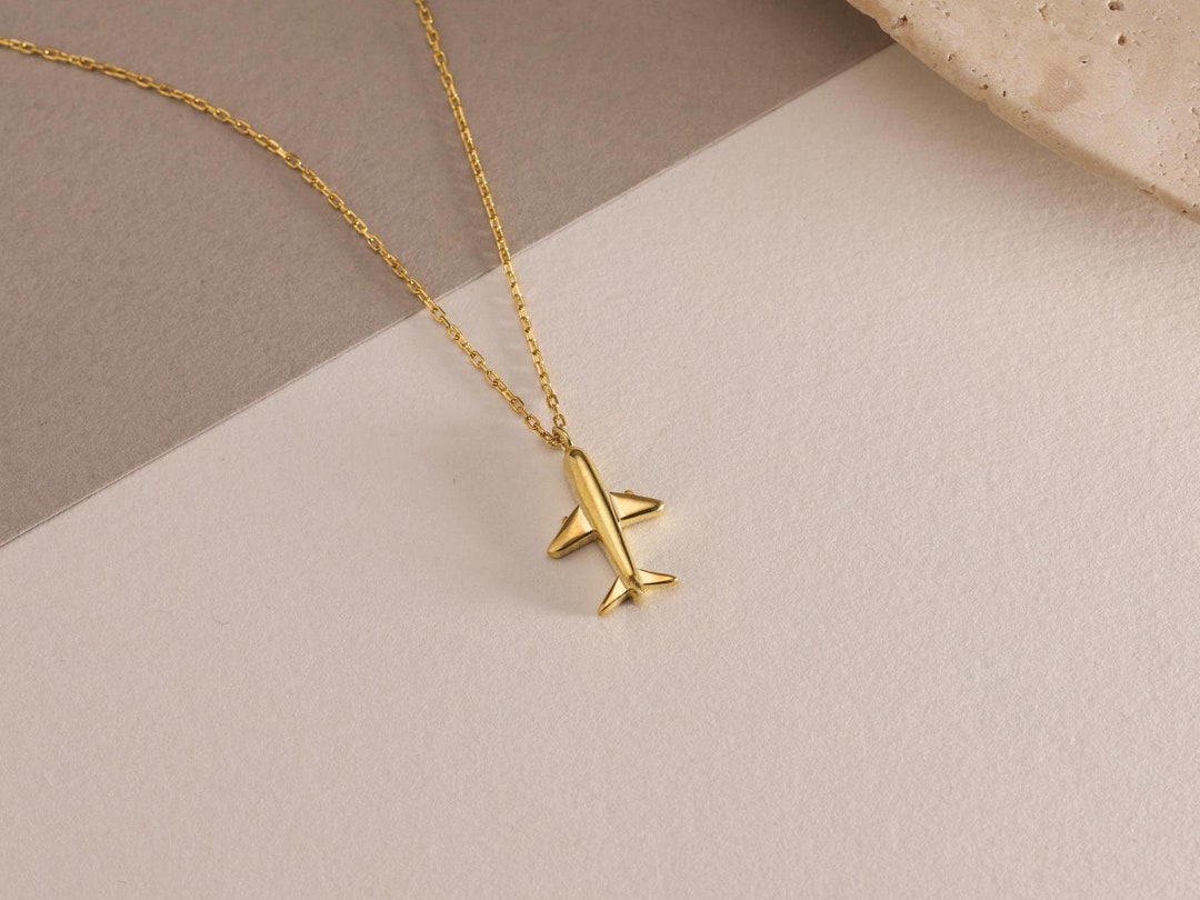 14K Solid Gold Airplane Necklace • Birthday Day Gift for Female Pilot ...