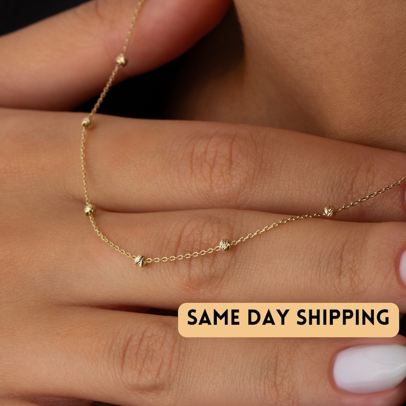 14K Solid Gold Satellite Chain Necklace • Station Chain Necklace for ...