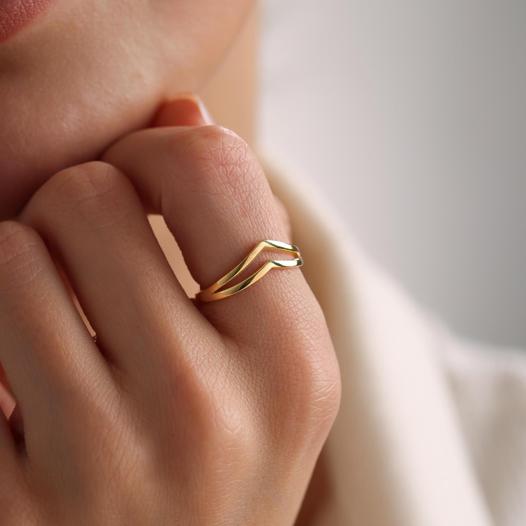 14K Gold Double Wishbone Ring • Solid Gold Double Chevron Ring • Dainty ...