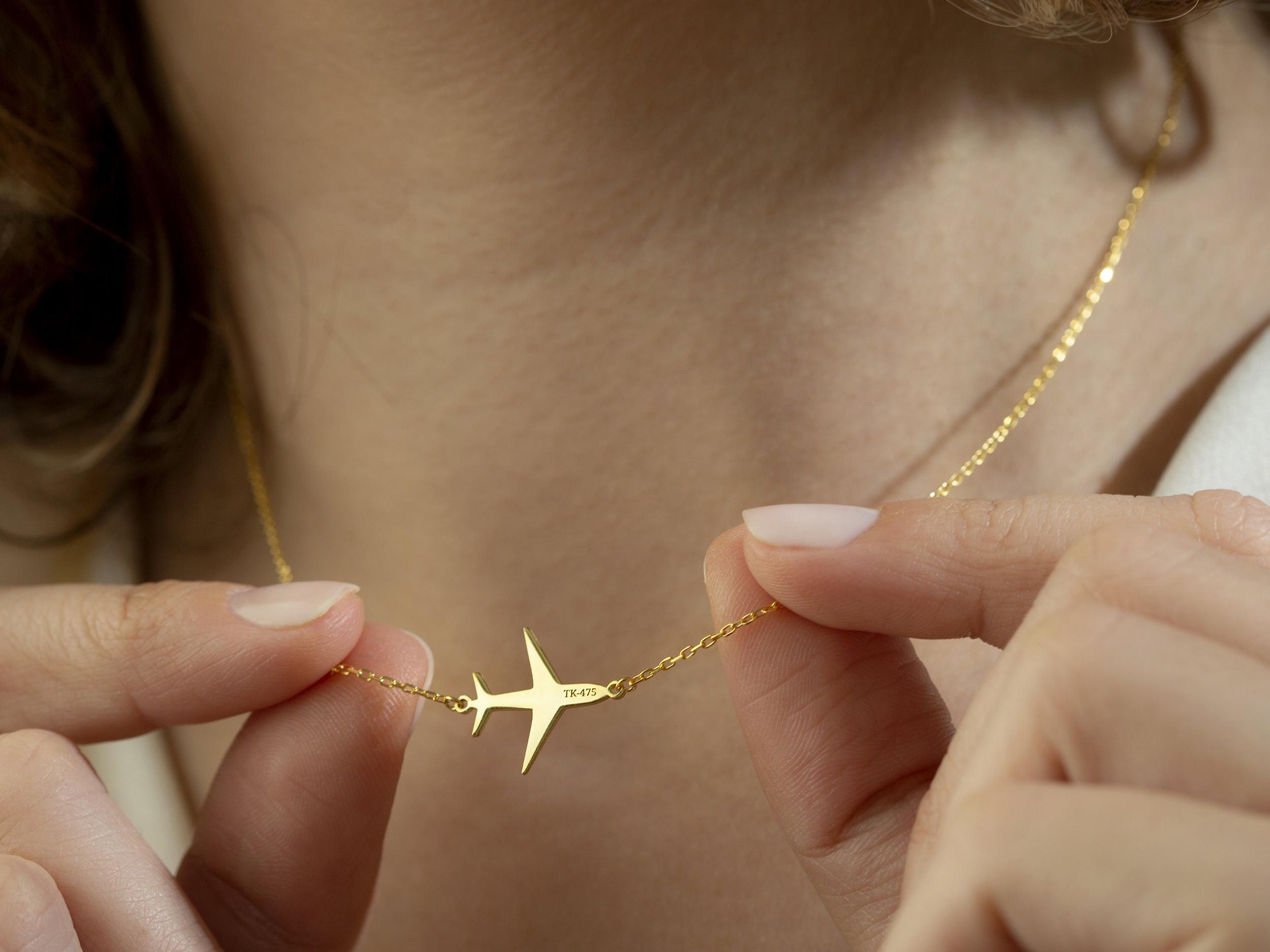 Personalized Airplane Necklace, 14K Solid Gold Air Plane Pendant ...