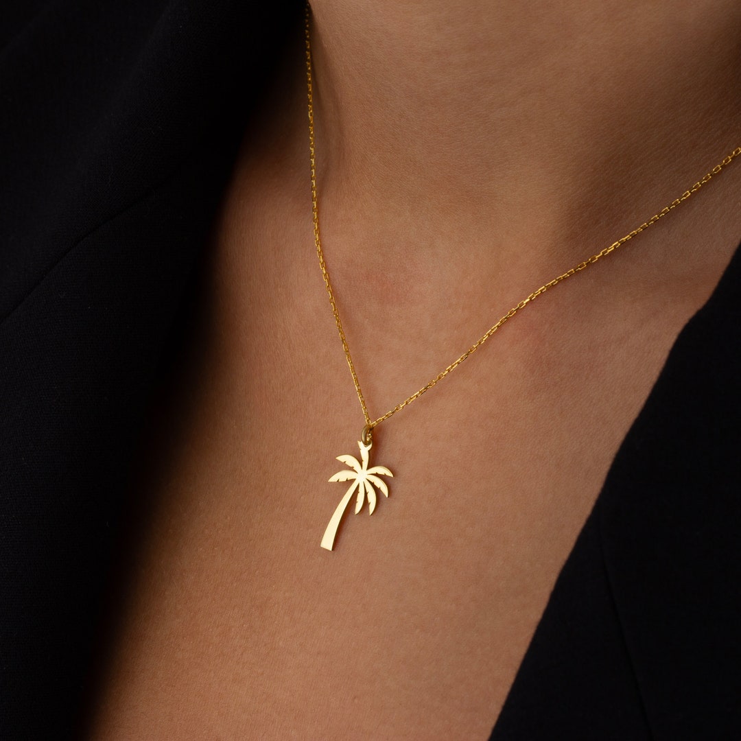 14K Gold Palm Tree Necklace • Solid Gold Palm Tree Charm Necklace ...