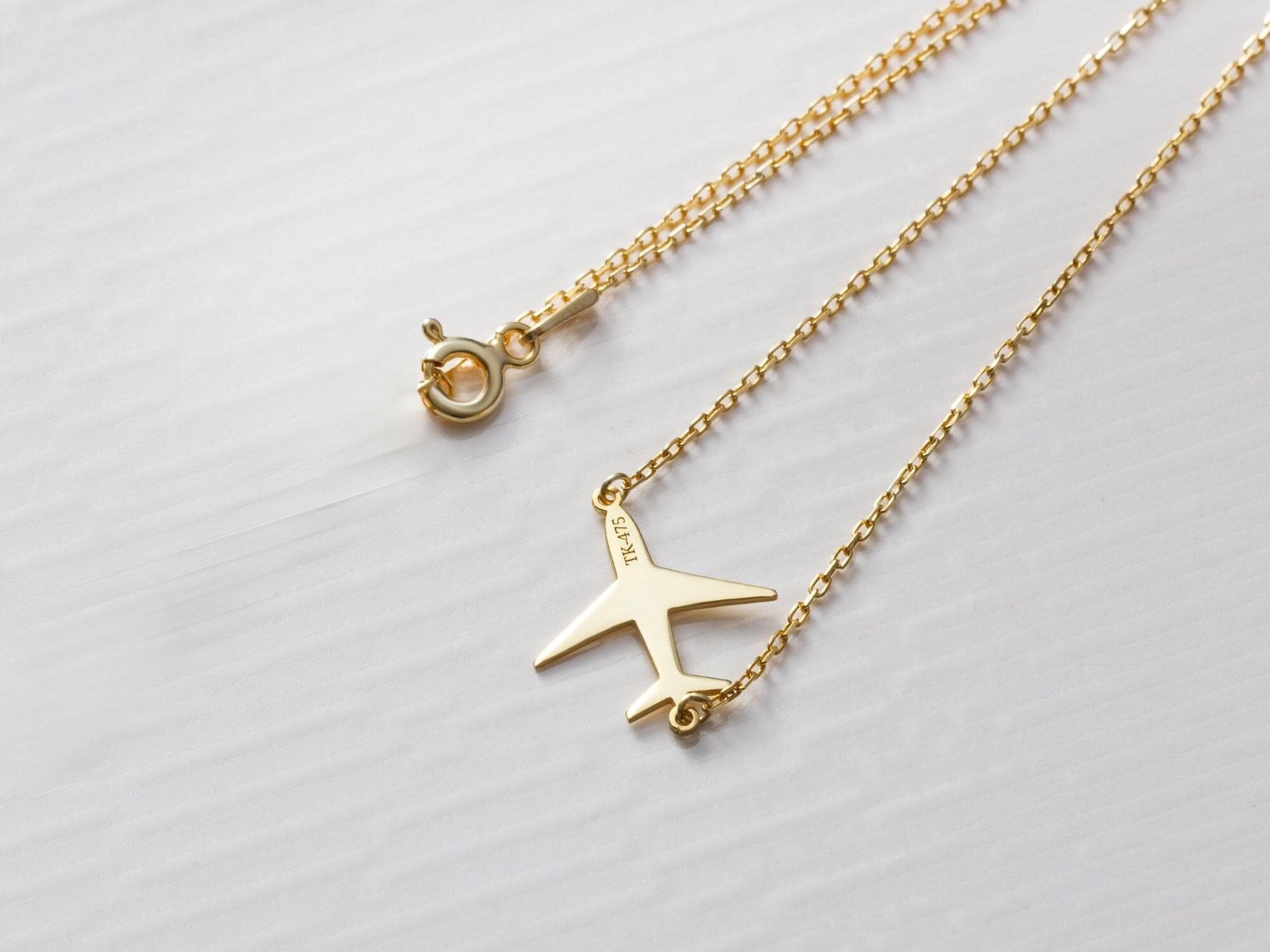 Personalized Airplane Necklace, 14K Solid Gold Air Plane Pendant ...