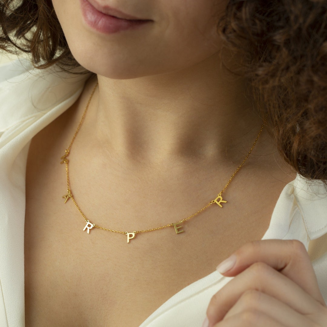 Solid Gold Dangle Name Necklace, 14K Gold Dangling Letter Necklace ...