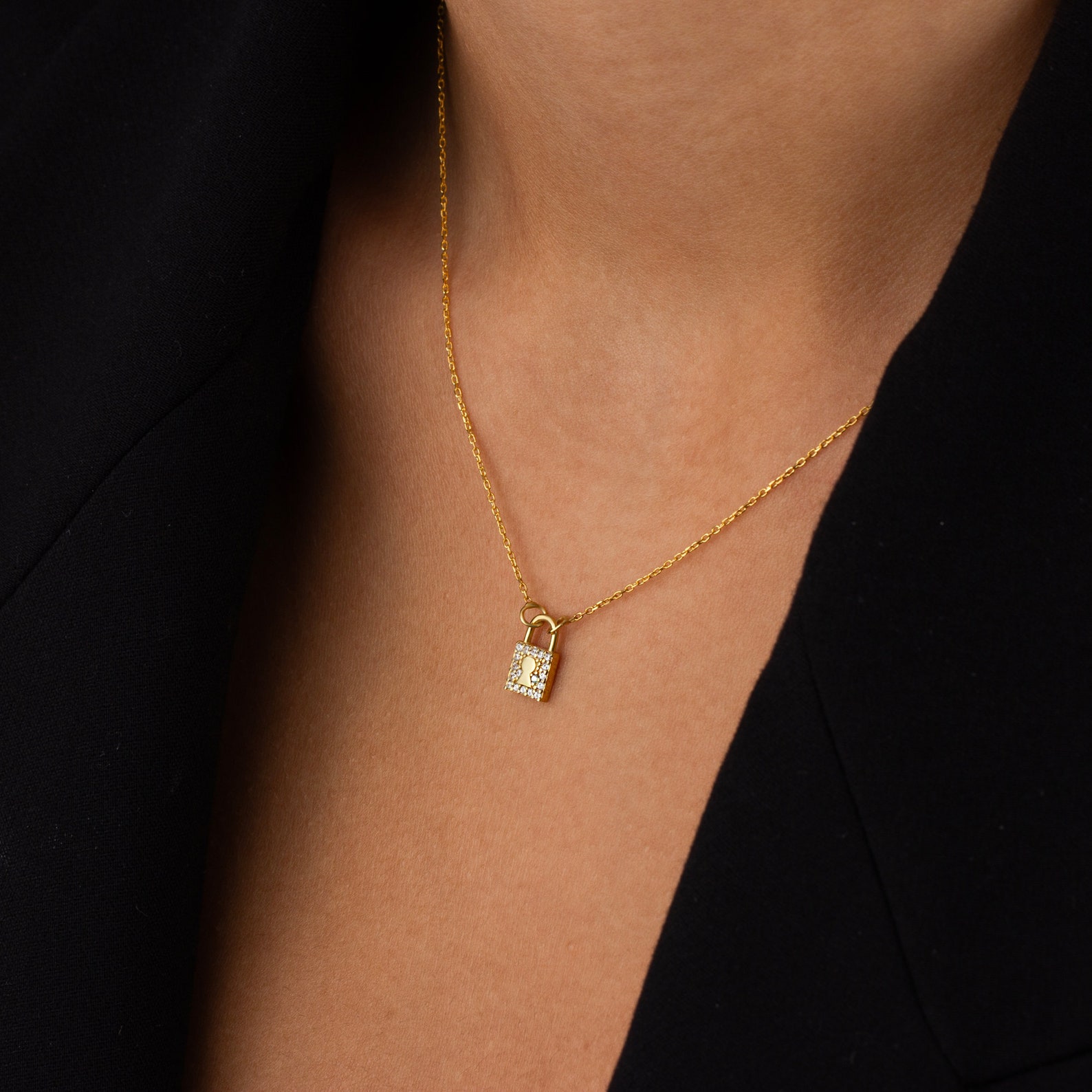 14K Gold Mini Padlock Necklace, Solid Gold Love Lock Necklace, Women's ...