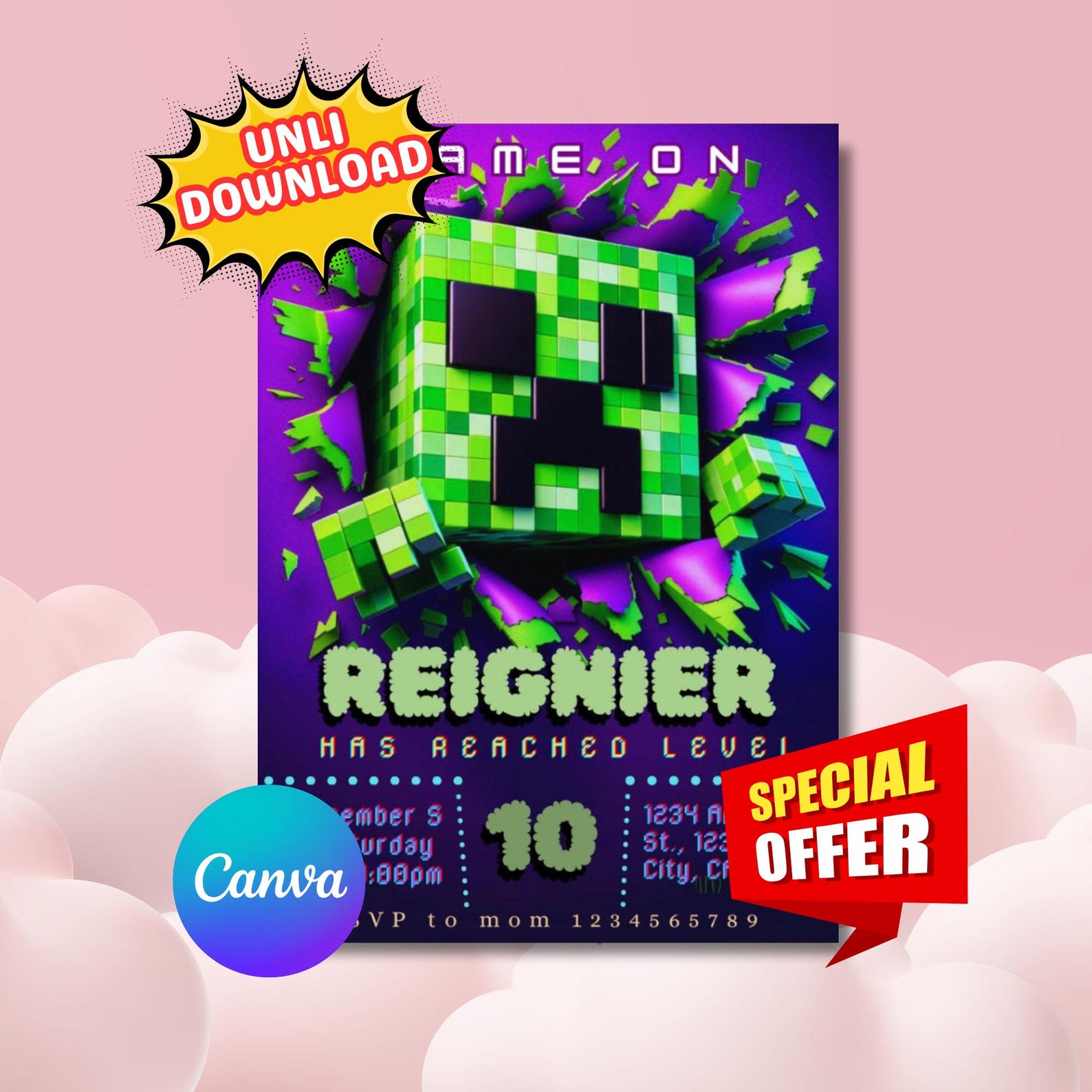 Editable Birthday Minecraft Invitation, Mine Craft Birthday Invite ...