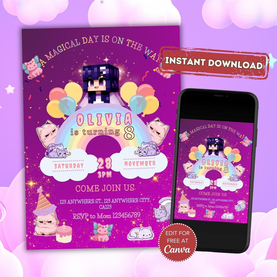 Aphmau Birthday Invitation, Printable Kids Invitation, Canva Editable ...