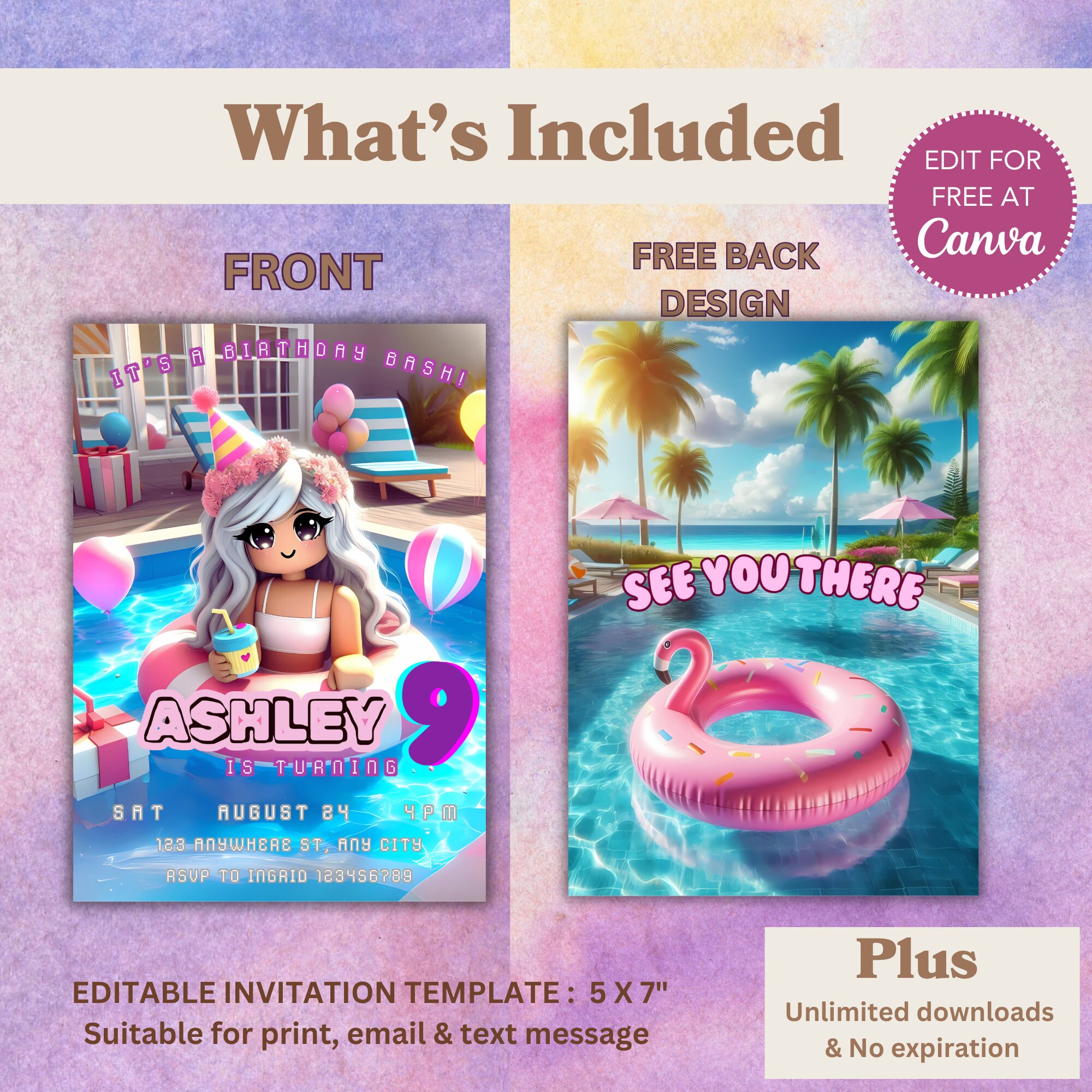 Pool Party Roblox Girl Pool Party Roblox Girl Bday Invitation Gamer ...