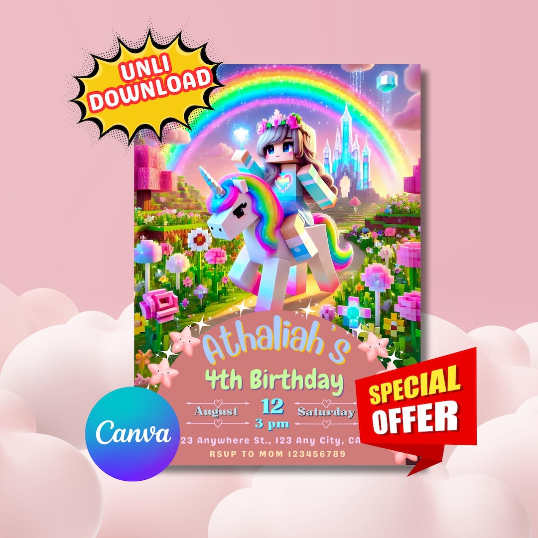 Minecraft Birthday Invitation, Girl Minecraft Invitation, Pink Girl ...