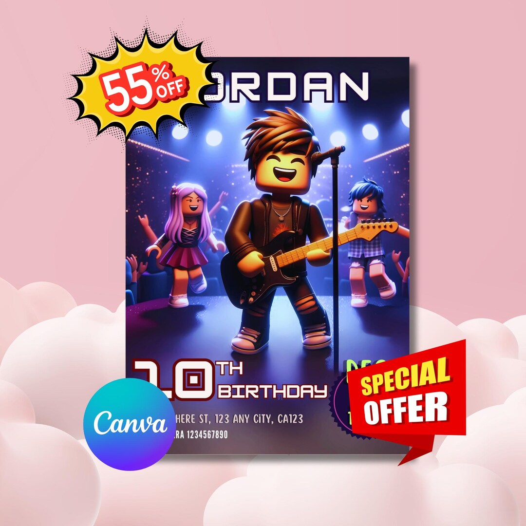 Roblox Rockstar Invitation, Roblox Birthday Invite, Rockstar Party ...
