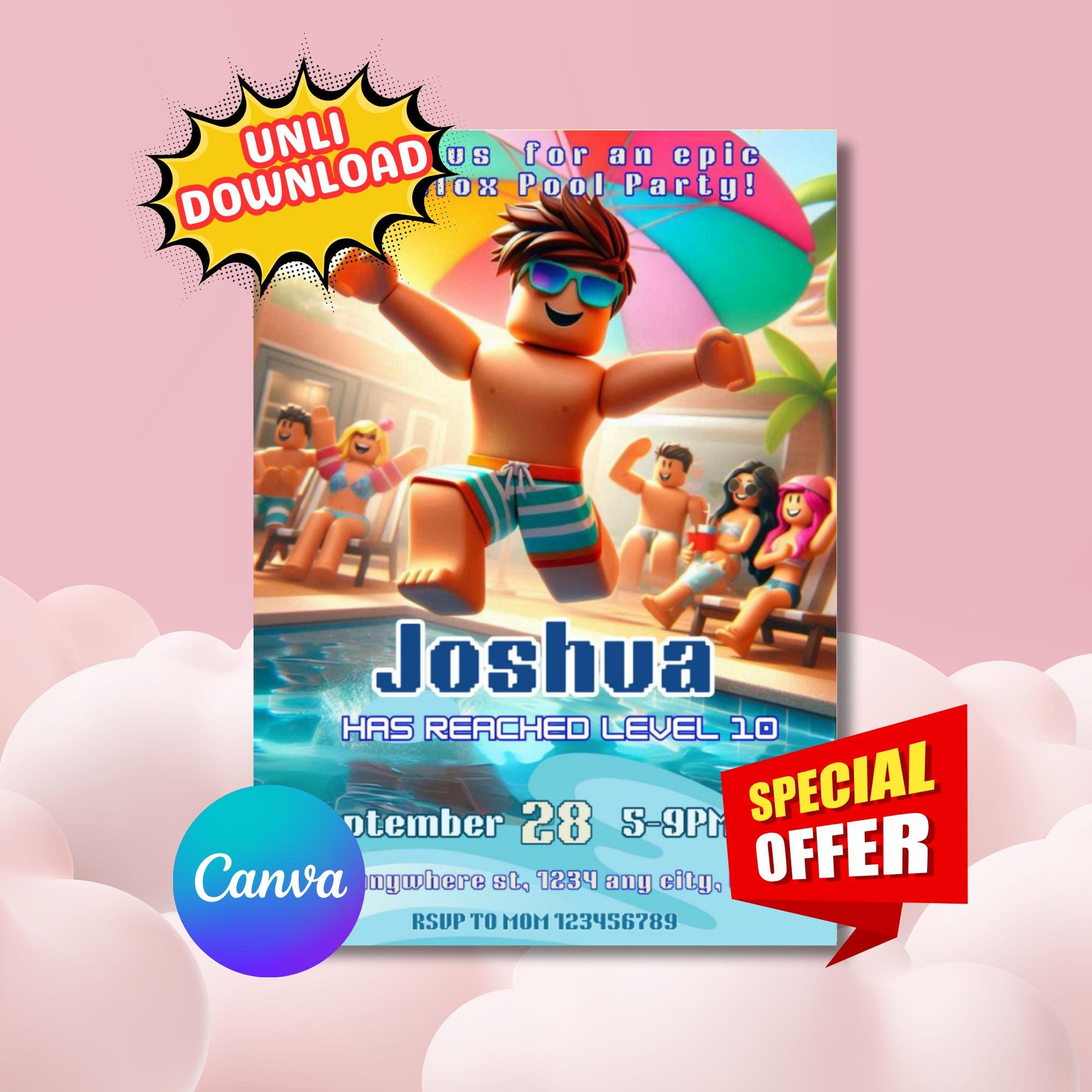 Roblox Pool Party Birthday Invitation Gamer Party Invite Roblox Boy ...