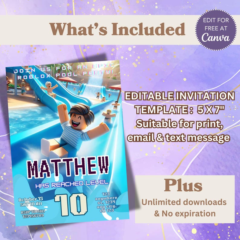 Roblox Pool Party Birthday Invitation Gamer Party Invite Roblox Boy ...