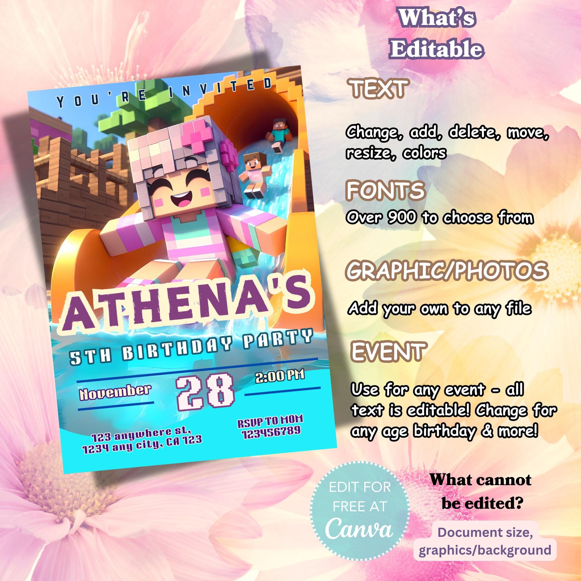 Minecrafter Pool Party Birthday Invitation: Editable Canva Template ...