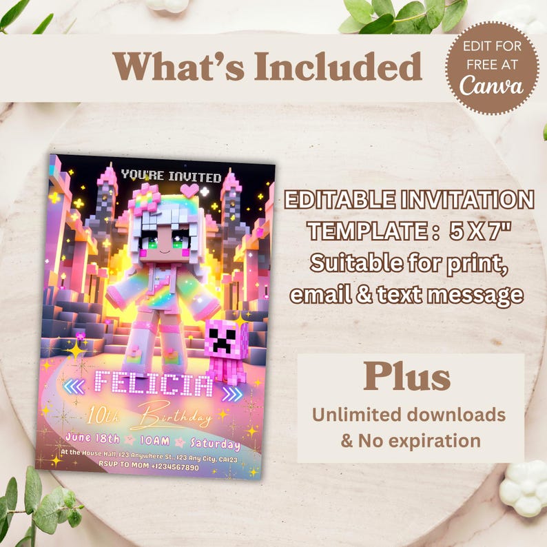 Pink Minecraft Party Invitation: Gamer Girl Birthday, Editable (digital ...