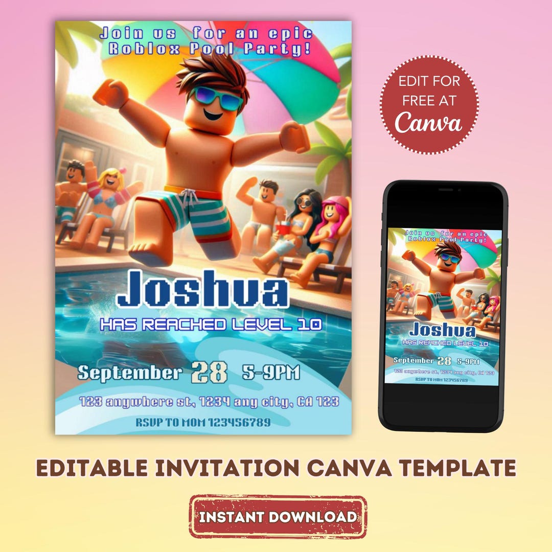 Roblox Pool Party Birthday Invitation Gamer Party Invite Roblox Boy ...