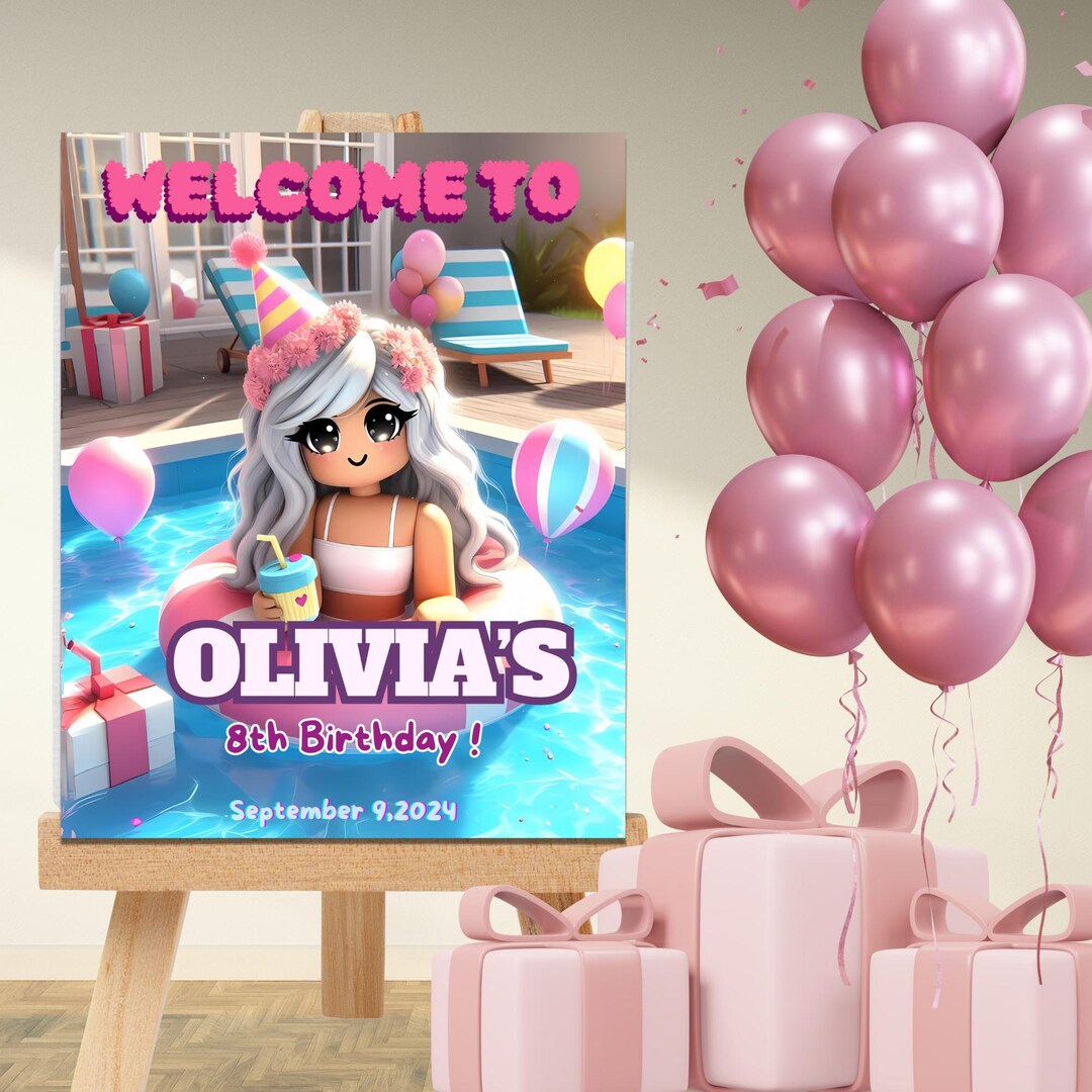Pool Party Roblox Girl Bday Welcome Sign Template Printable Birthday ...