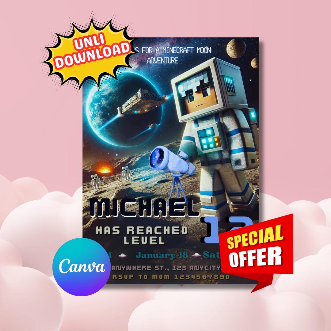 Outer Space Minecraft Boy Birthday Invite, Editable Invitation (canva ...