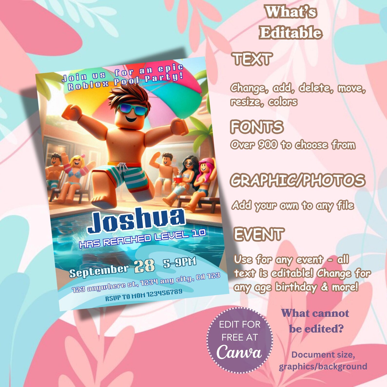 Roblox Pool Party Birthday Invitation Gamer Party Invite Roblox Boy ...