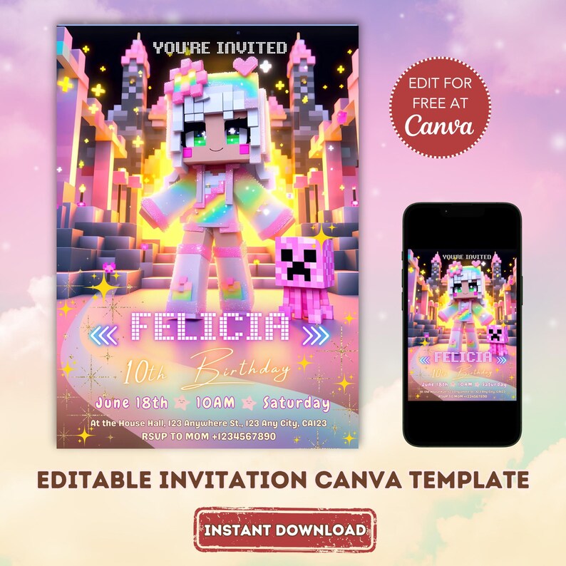 Pink Minecraft Party Invitation: Gamer Girl Birthday, Editable (digital ...
