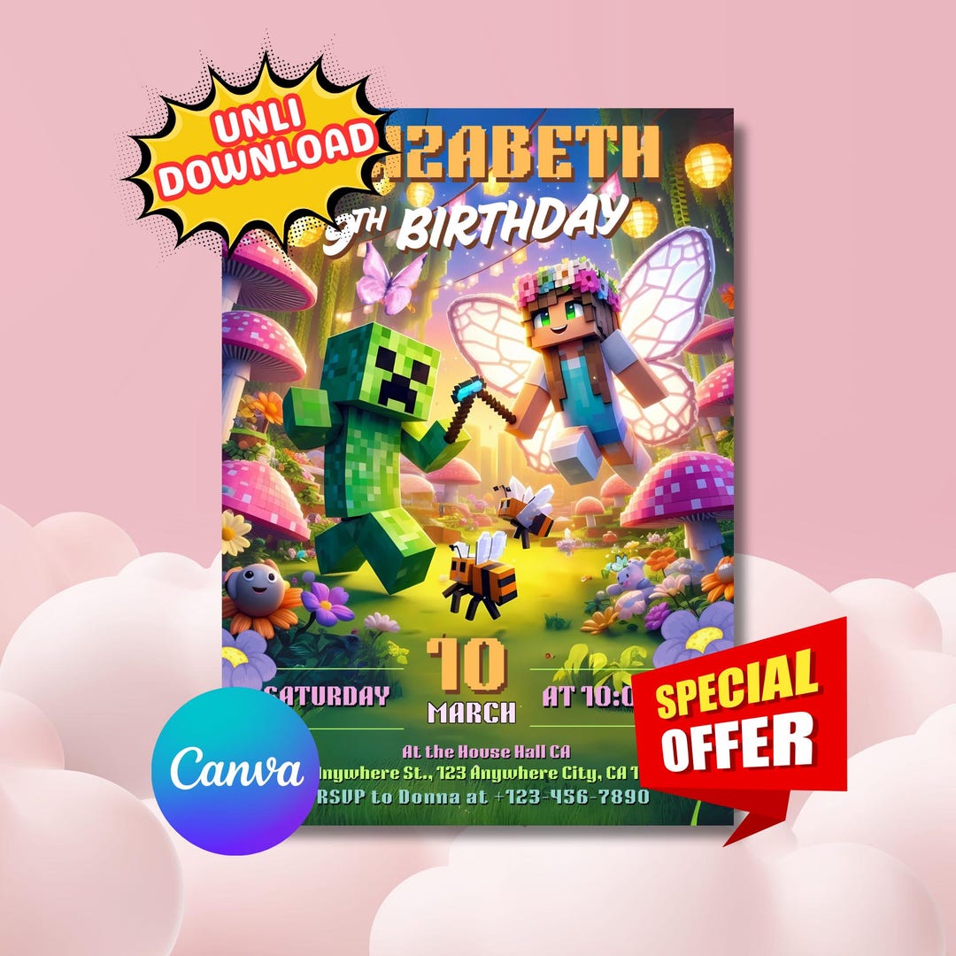 Editable Girl Minecraft Birthday Invitation, Girl Minecrafter Birthday ...