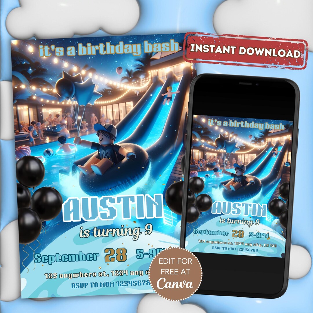 Pool Party Roblox Boy Birthday Pool Party Roblox Bday Invitation Gamer ...