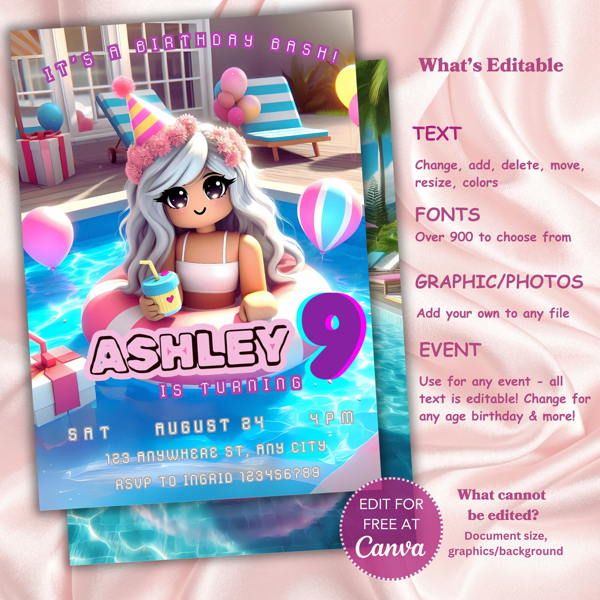 Pool Party Roblox Girl Pool Party Roblox Girl Bday Invitation Gamer ...