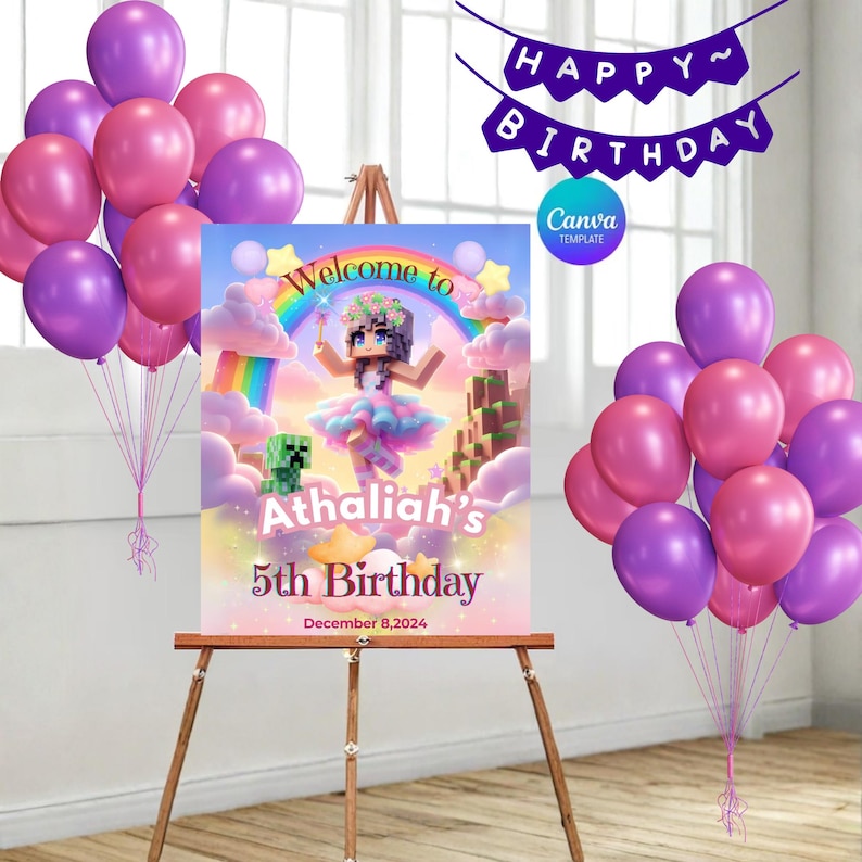Editable Minecraft Birthday Welcome Sign | Gamer Party Sign | Block ...