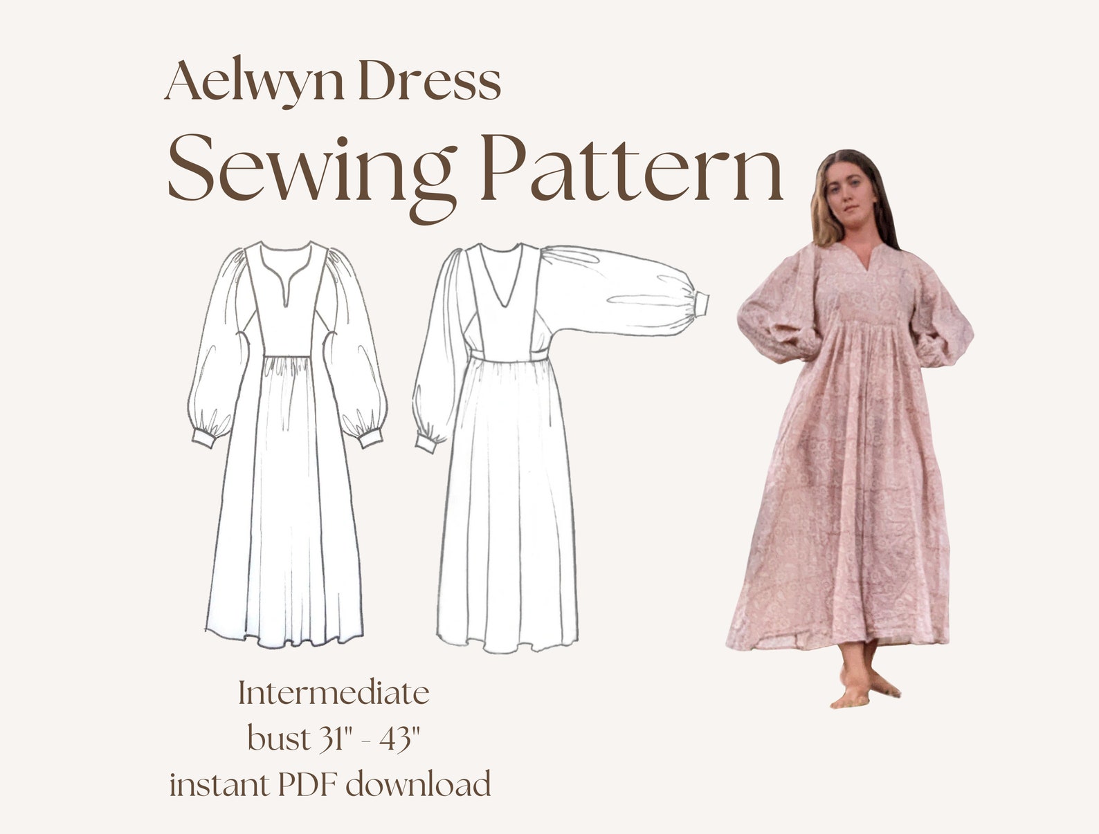 Aelwyn Dress PDF Sewing Pattern | Bust 31" - 43" | Bohemian Boho ...