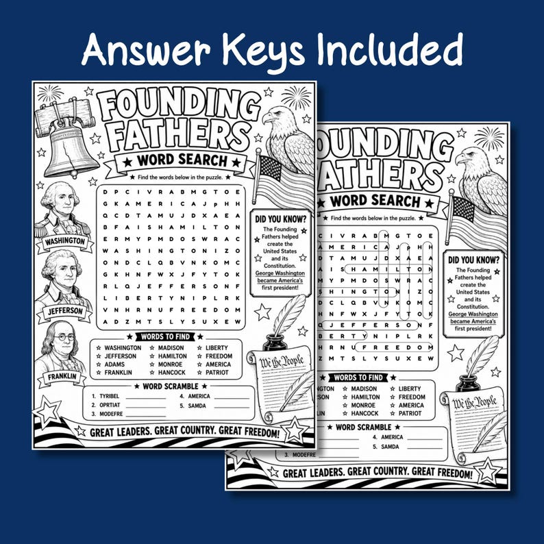 Founding Fathers Word Search America Activities for Kids | Patriotic US ...