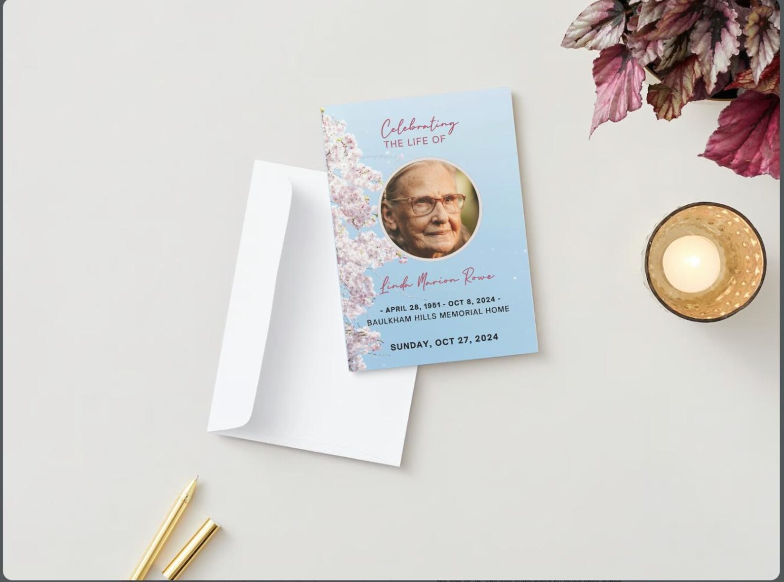 Custom Memorial Service Pamphlet Template Cherry Blossom Bifold Program ...