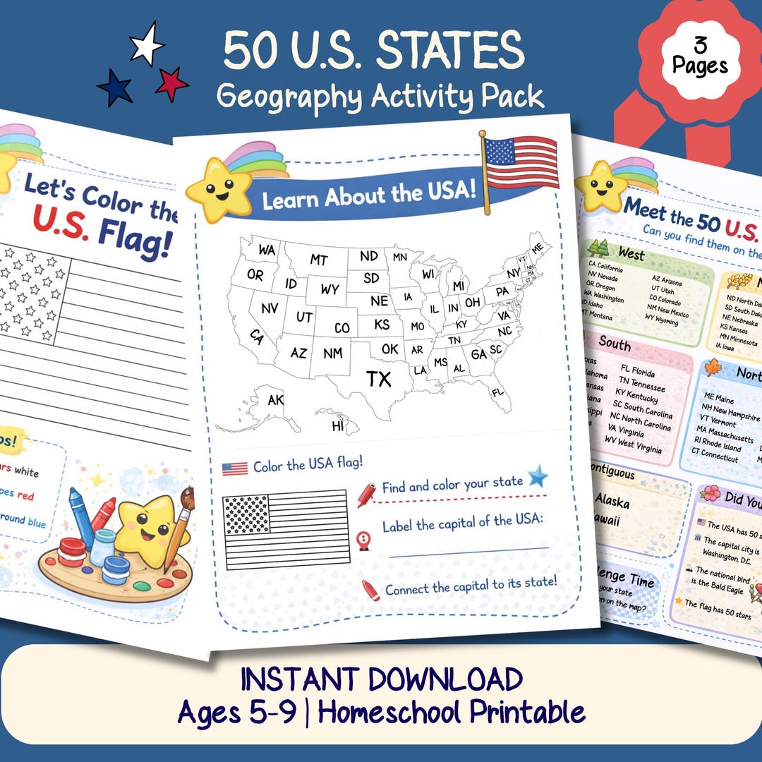 USA States Worksheet for Kids US Geography Activity Pack Learn the 50 ...