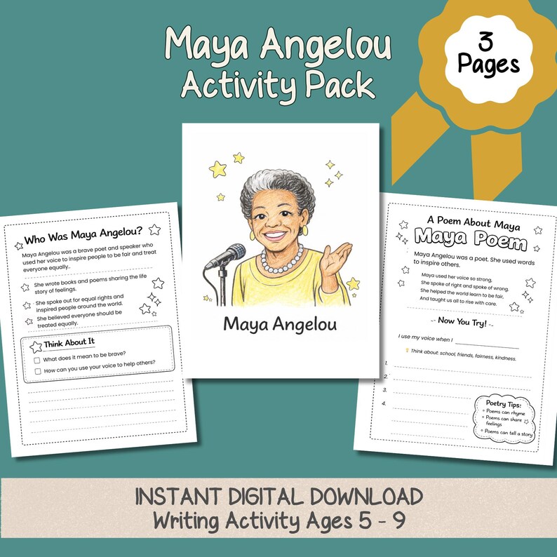 Maya Angelou Worksheets for Kids Black History Month Biography Poetry ...