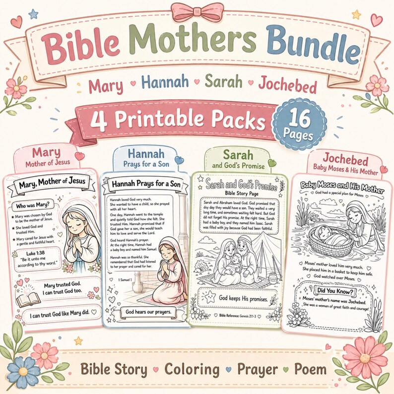 Bible Mothers Activity Pack Bundle for Kids Mary Hannah Sarah Jochebed ...