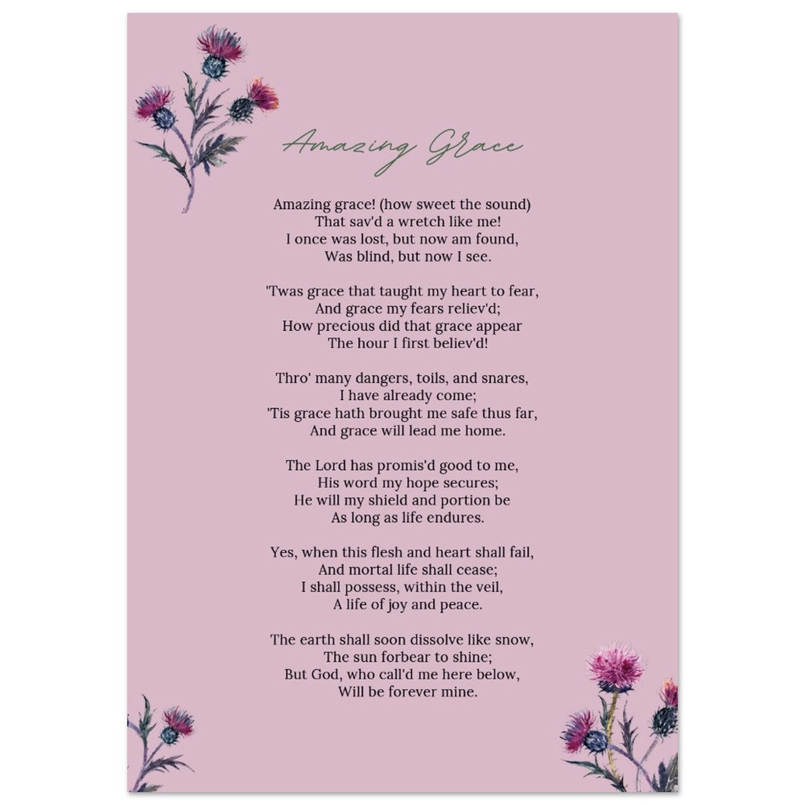 Amazing Grace Full Hymn Dusty Pink Poster With Complete Hymn Christian ...