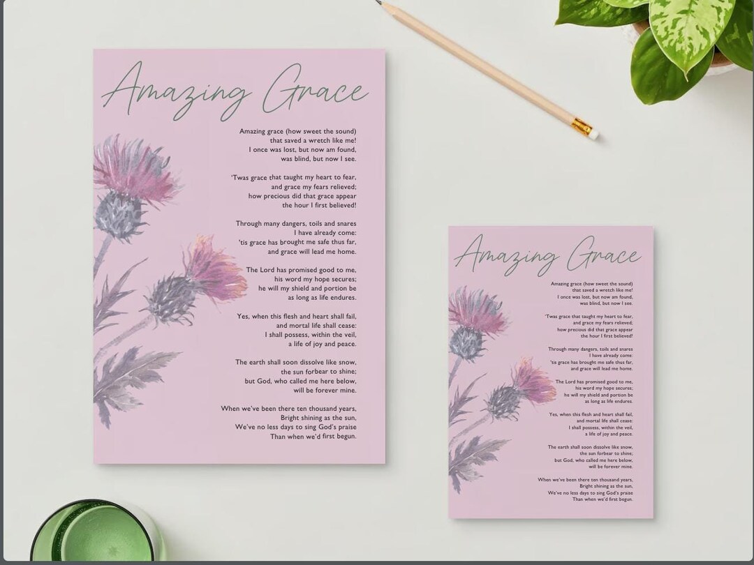 Amazing Grace Hymn Art Print | Dusty Pink Thistle Design | Christian Wall Decor | A4 PDF & PNG ...