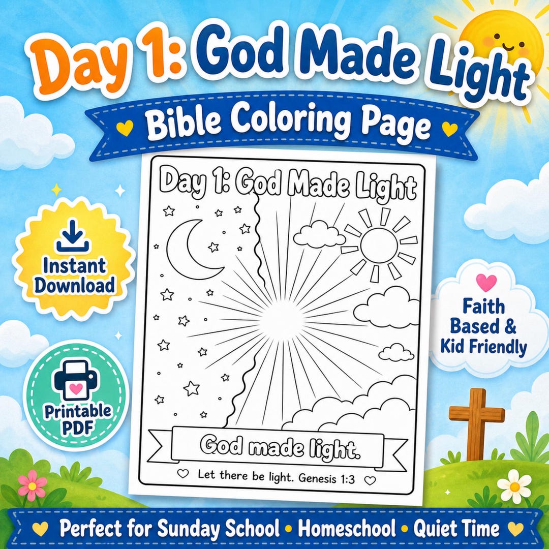 Day 1 God Made Light Bible Coloring Page Kids First Day of Creation ...